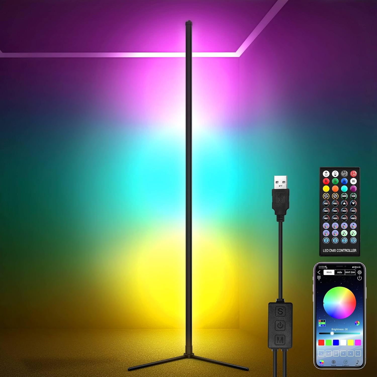 RGB LED Corner Floor Lamp Modern Standing Lamp 62'' with App/Remote/16 ...