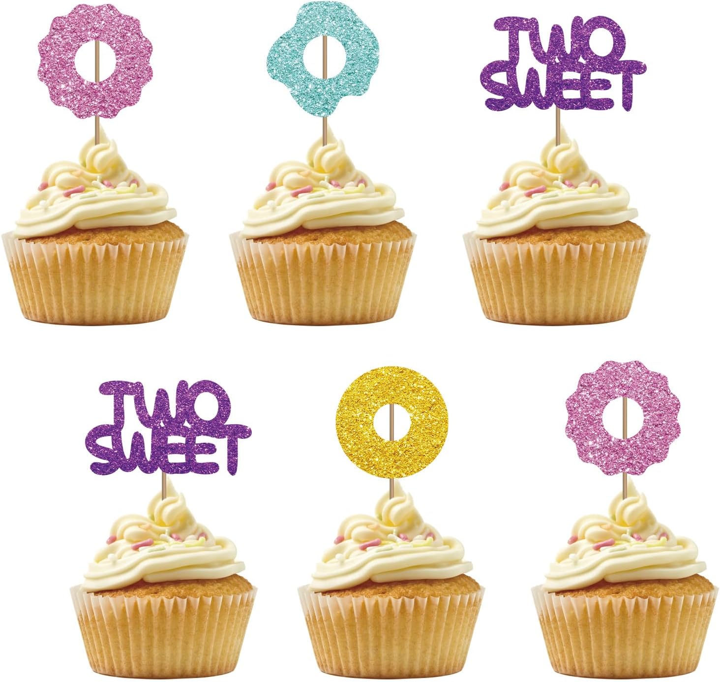 Amazon.com: Set of 24 Two Sweet Cupcake Toppers, Pink&Gold Glitter ...