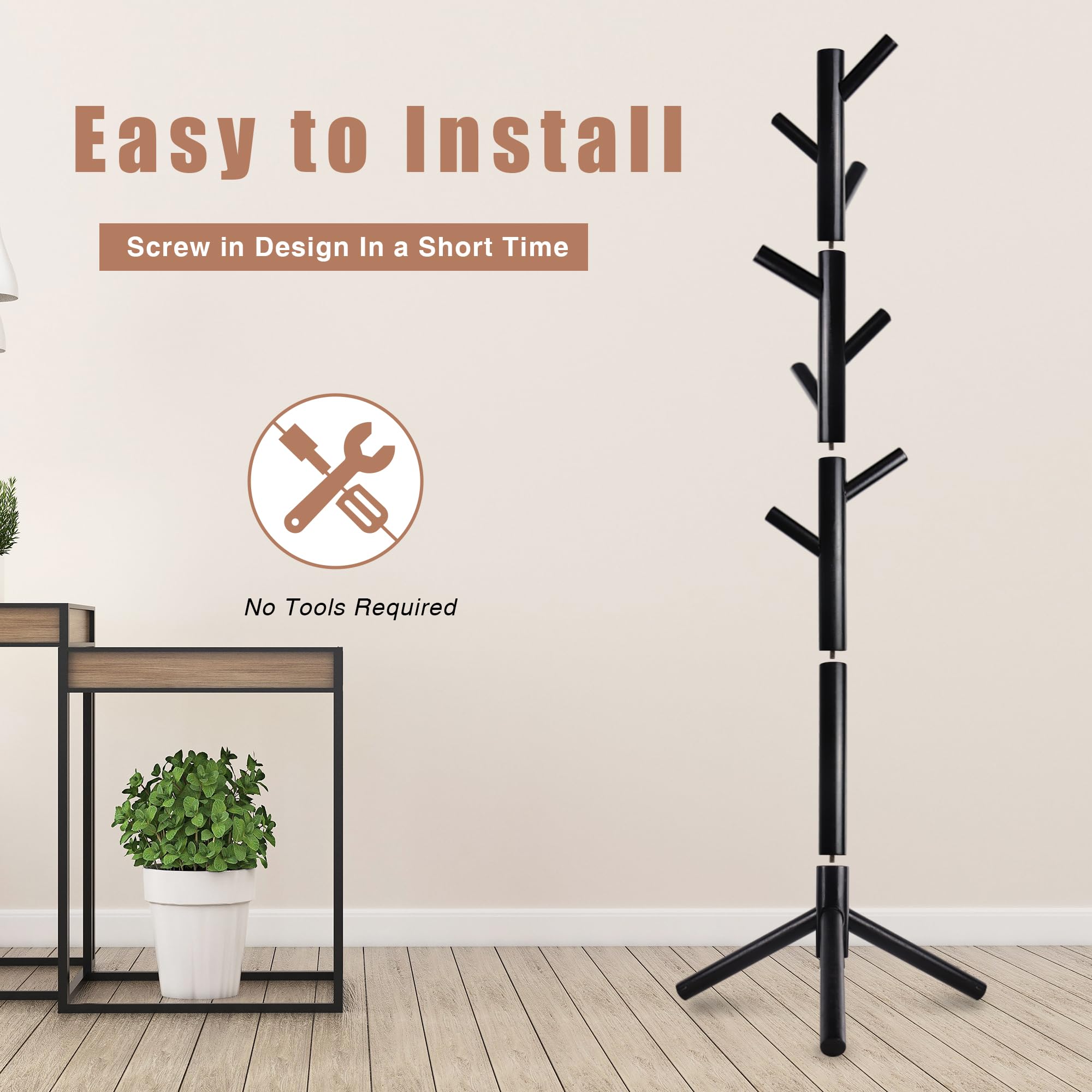 Azaeahom Wooden Coat Rack Stand, Free Standing Coat Rack with 8 Hooks 3 ...