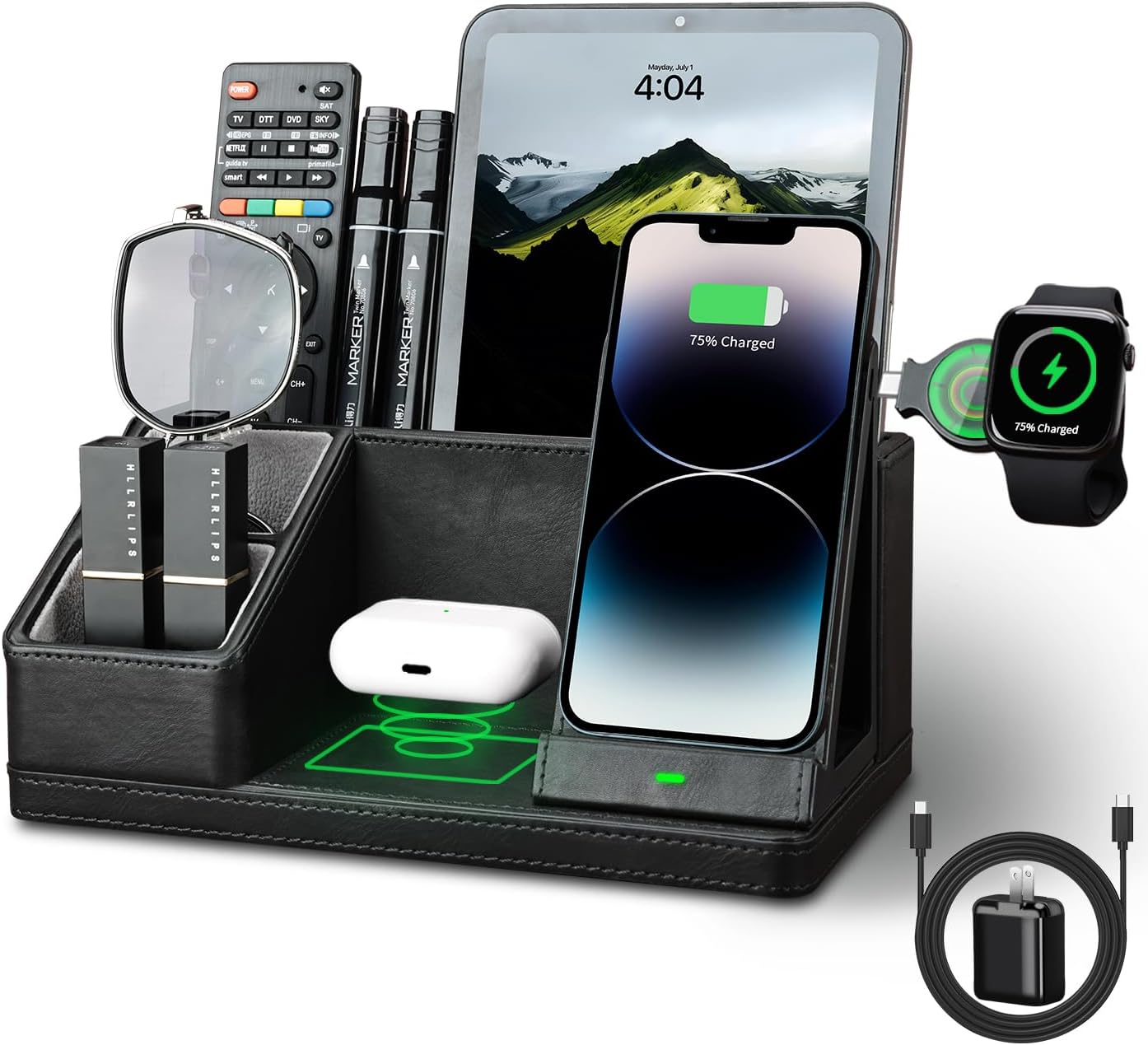 Amazon.com: Bamboo Pen Holder with Wireless Charger, Desk Organizer ...