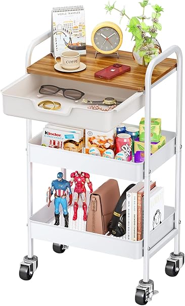 Amazon.com: 3 Tier Rolling Cart, Utility Storage Cart with Drawer and ...