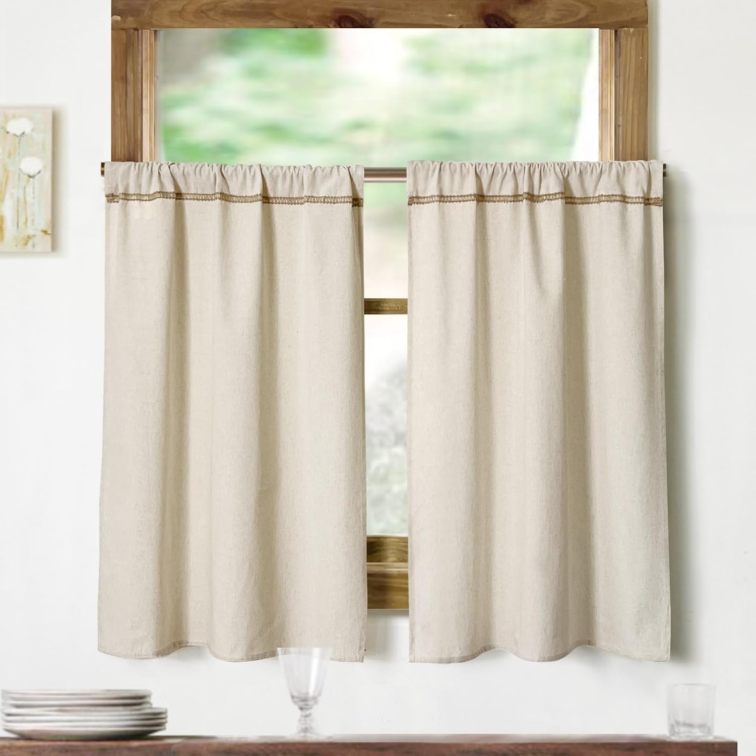 Amazon.com: Cotton Linen Kitchen Curtains for Windows with Burlap Lace ...