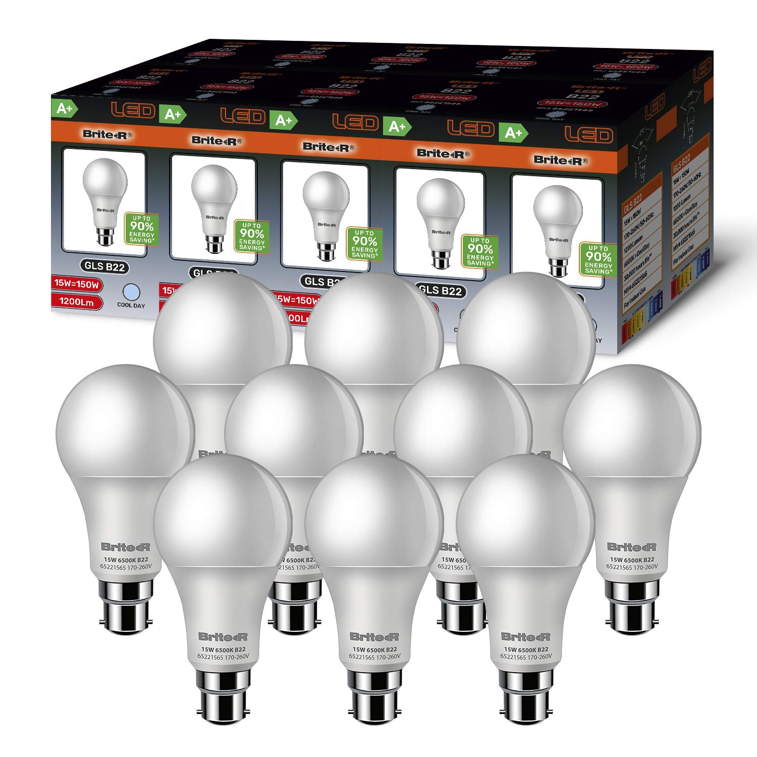 Buy 10x B22 BC GLS LED Bulbs 15W COOL White Daylight Brite-R 270° Beam ...