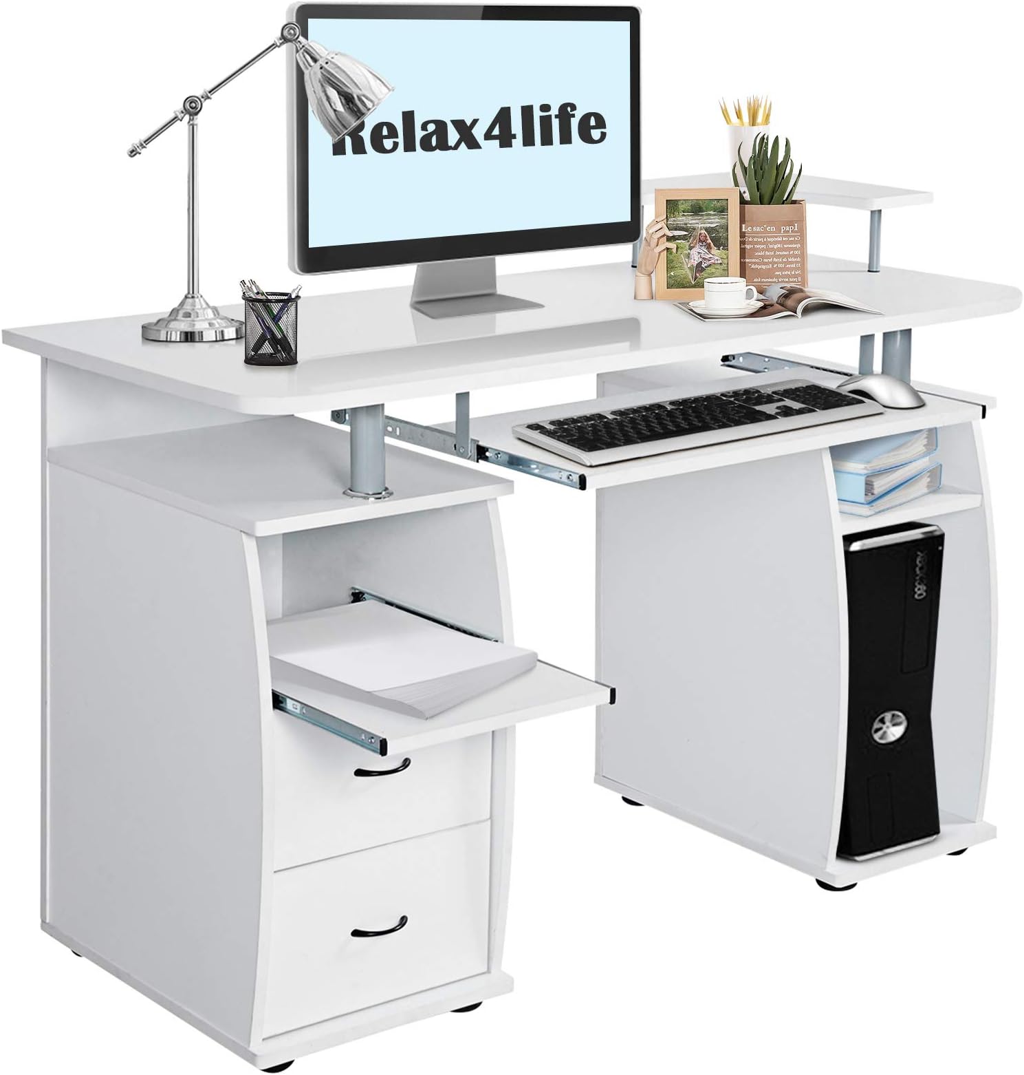 RELAX4LIFE Schreibtisch aus Holz mit Zwei Schubladen, PC-Tisch mit ...