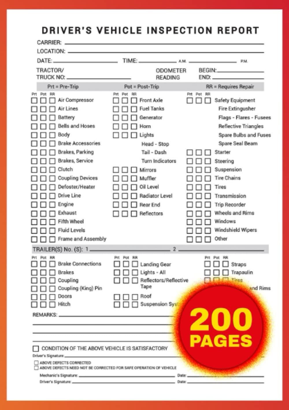 Daily Driver's Vehicle Inspection Report Log Book: 200 Single Sided ...