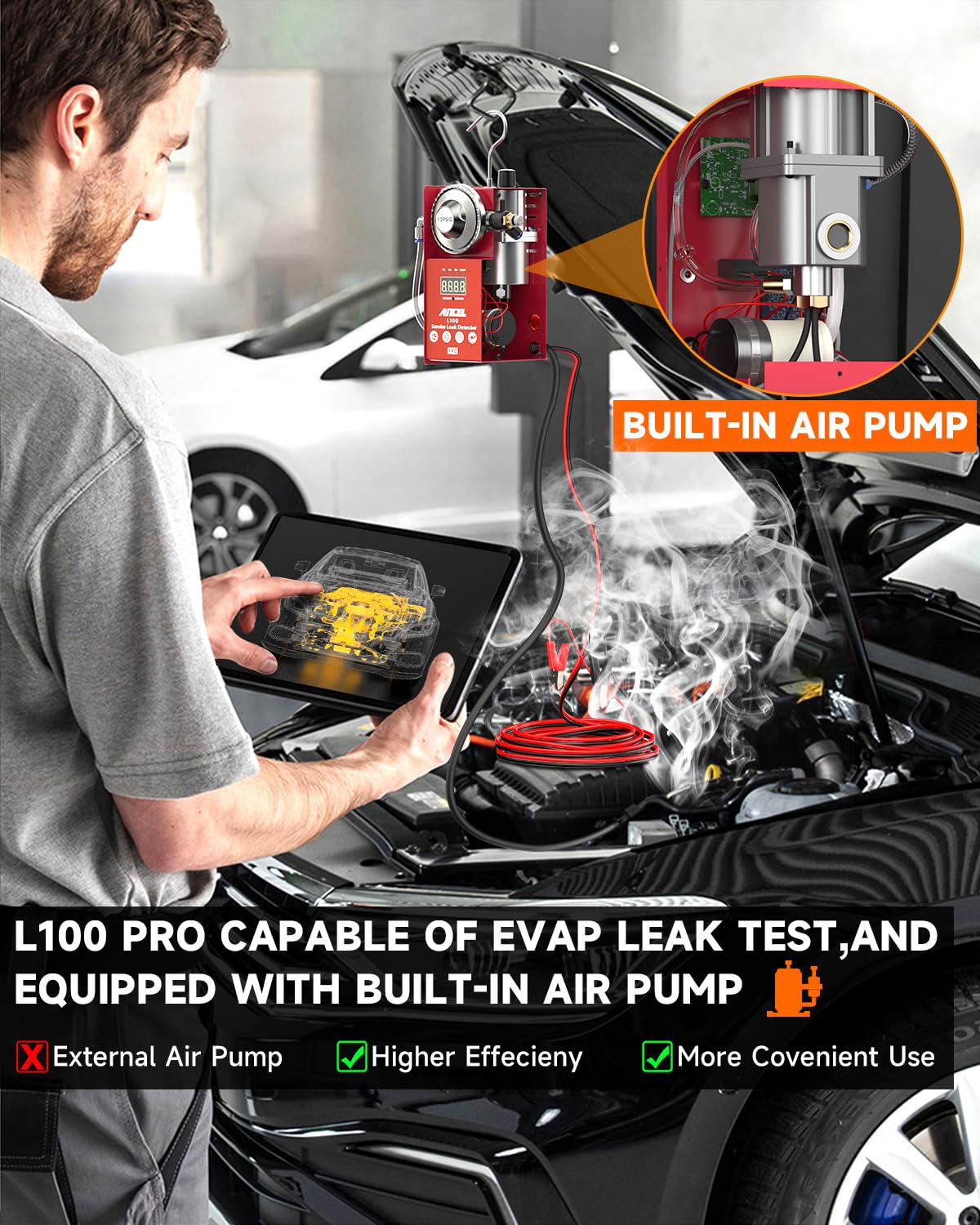 Snapklik.com : L100PRO Smoke Machine Automotive, Built-in Air Compressor, Adjustable Digital ...