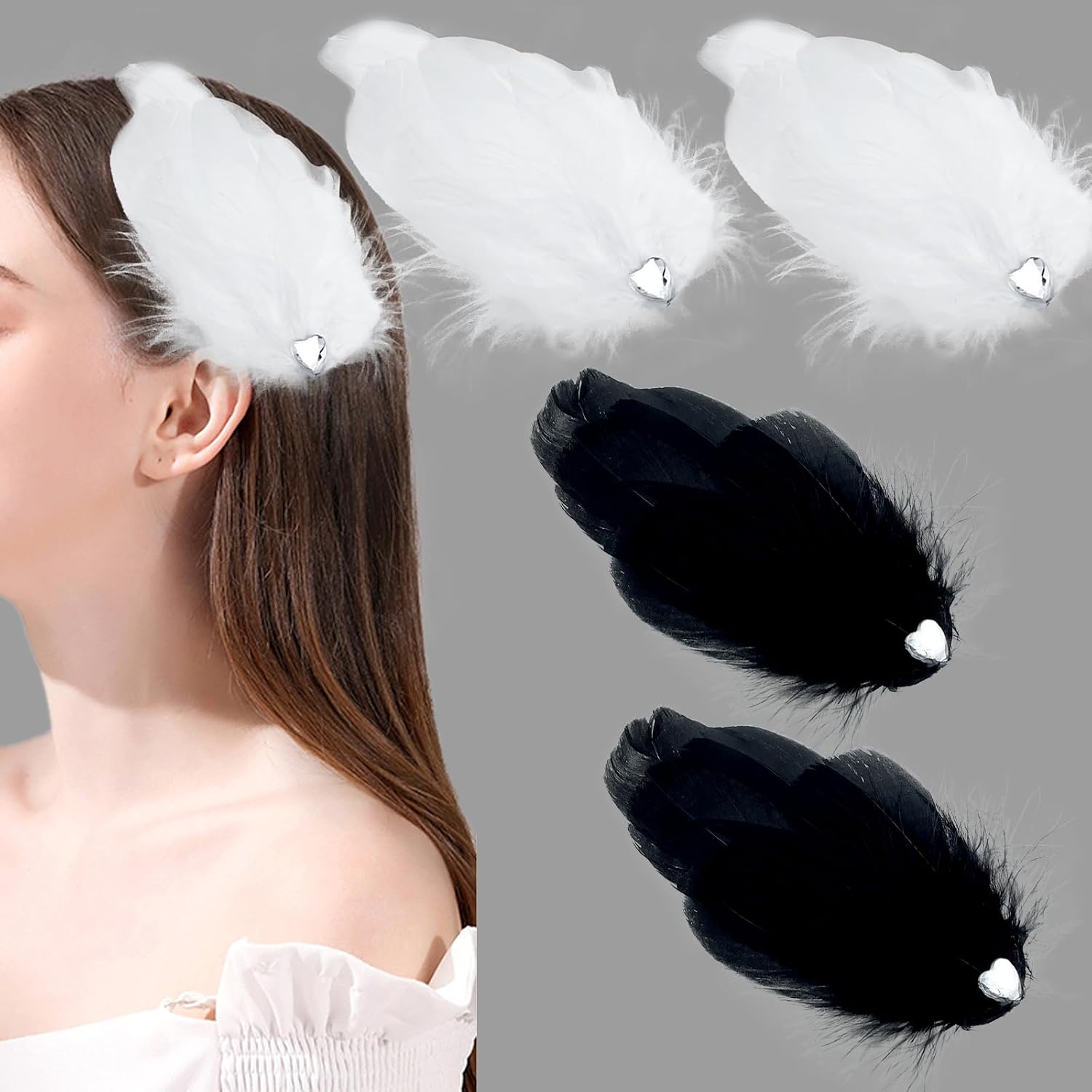 Amazon.com : 4 Pcs Fly-Wing Feather Hair Clips Heart Crystal Hair ...