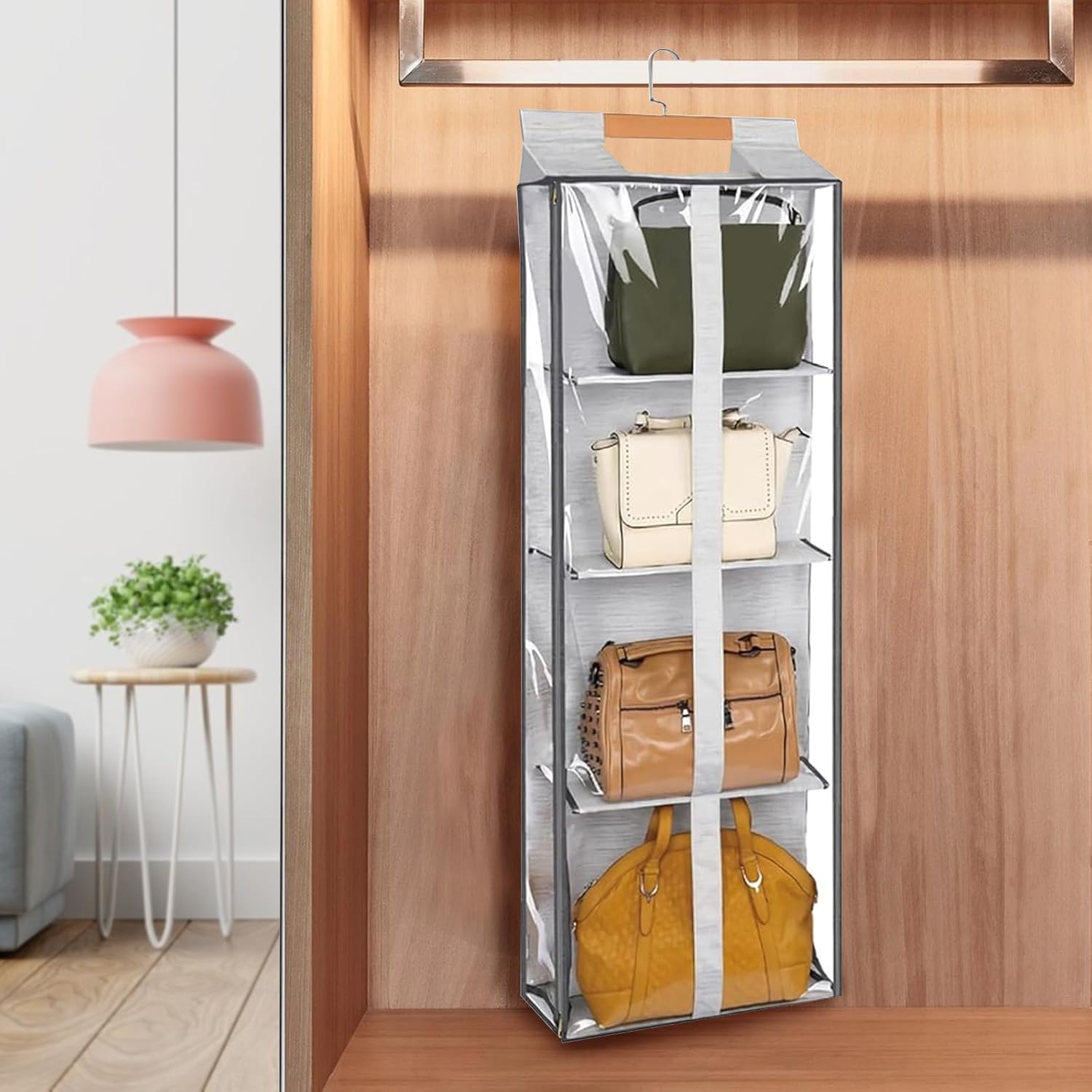 Amazon.co.jp: 4段 吊り下げ収納 カバン 収納 クローゼット 長さ118.5cm 収納 バッグ 収納 鞄 収納 収納ラック 折り畳み式 クリア 防塵 防湿 水洗い可能 省スペース ...