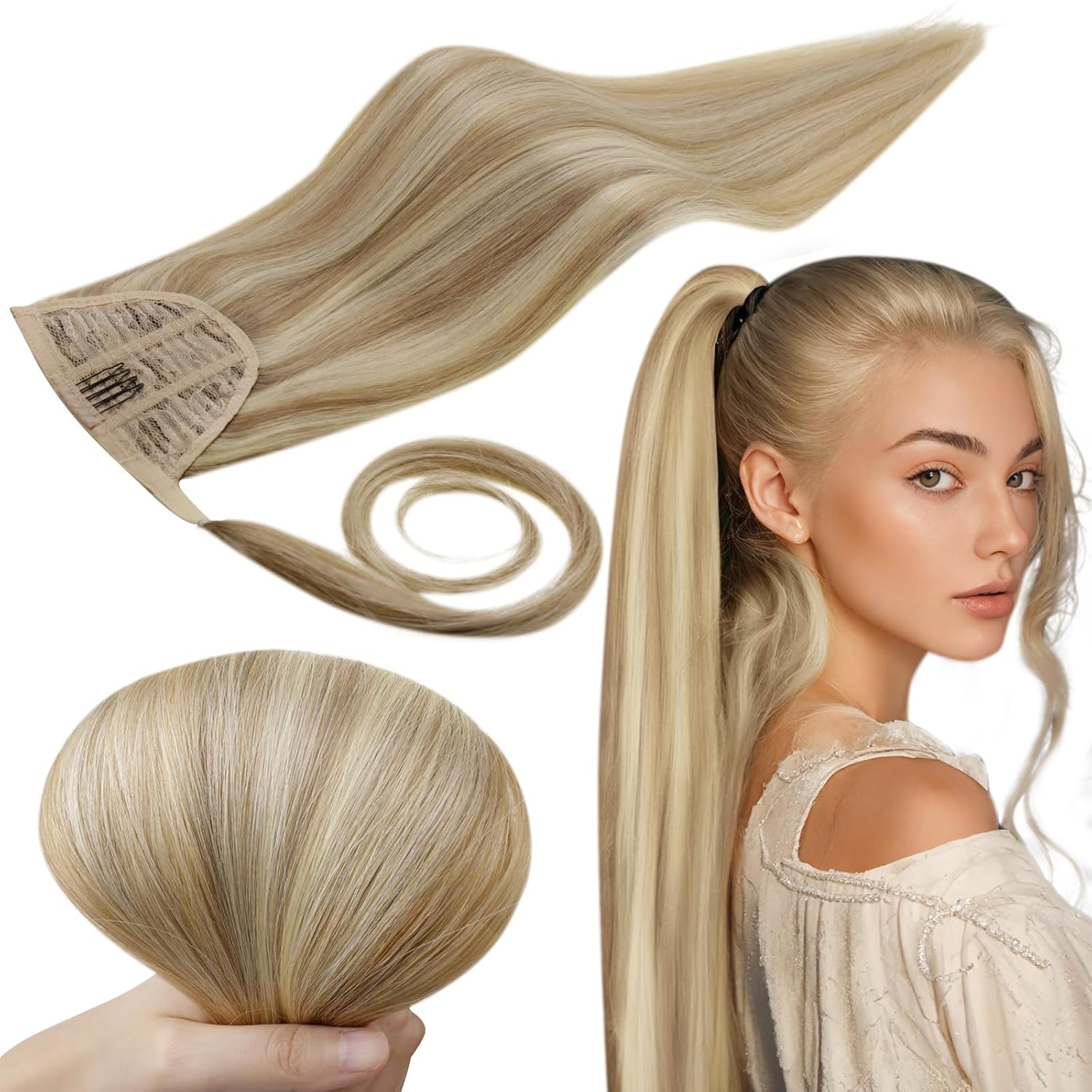 Amazon.com : RUNATURE Ponytail Human Hair Extensions 20 Inch 80g Golden ...