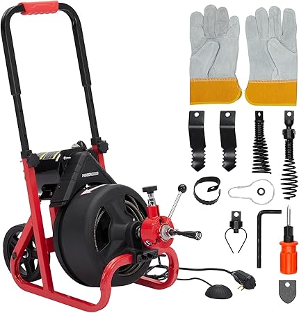 75 ft x 1/2 in Drain Cleaner Machine with 6 Cutters & Gloves, Auto Feed ...