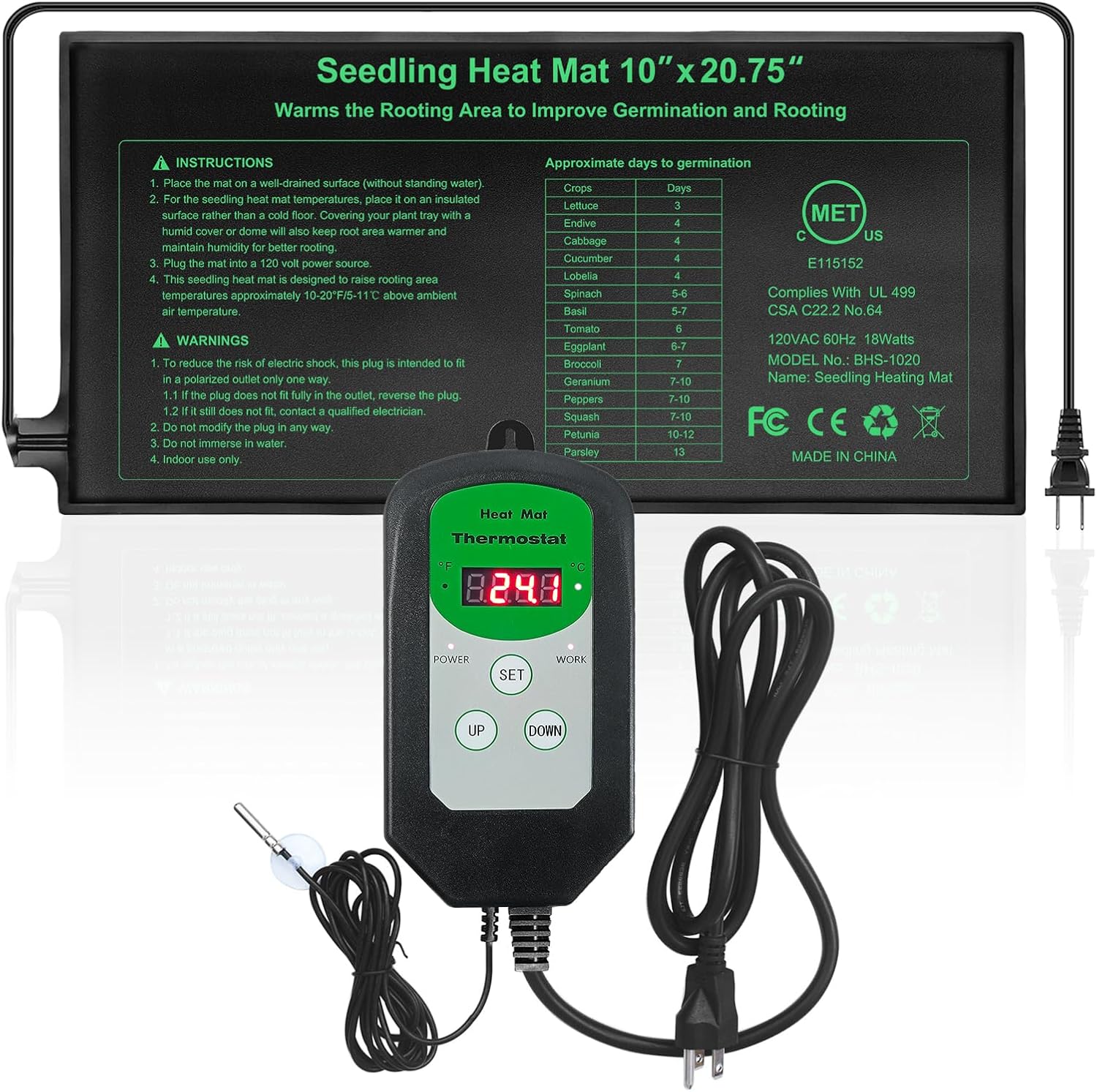 RC SLL Seedling Heating Mat 10" X 20.75" with Digital Thermostat Combo Kit,MET Warm Hydroponic ...