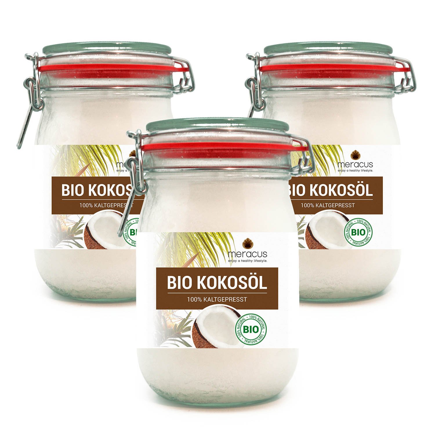 meracus Bio Kokosöl, nativ, im Bügelglas, 3er Pack (3 x 1000 ml ...