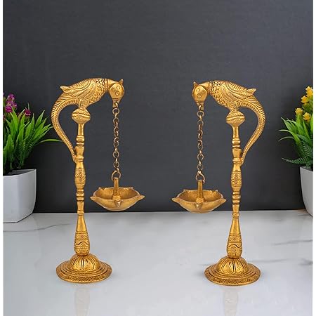 Buy Kartique Brass Hanging Table Diya Stand Set Parrot Design Pair ...