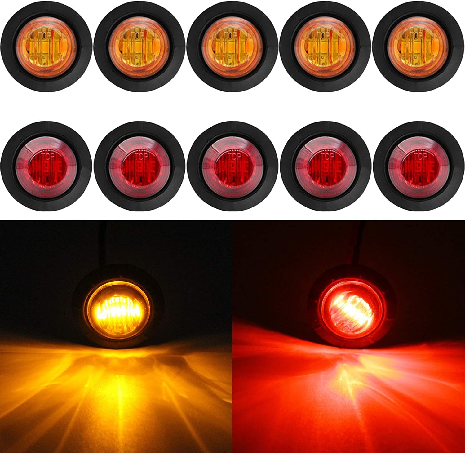 GIVEDOUA 10PCS 3/4" Round Amber+Red LED Side Marker Lights,12V ...