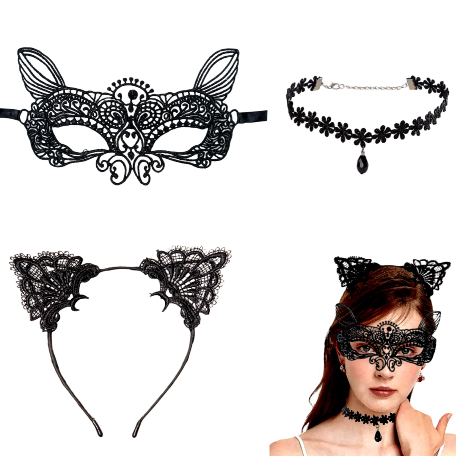 ojussa Cat Ears Headband Lace Cat Mask Sexy Masquerade Mask Black Lace ...