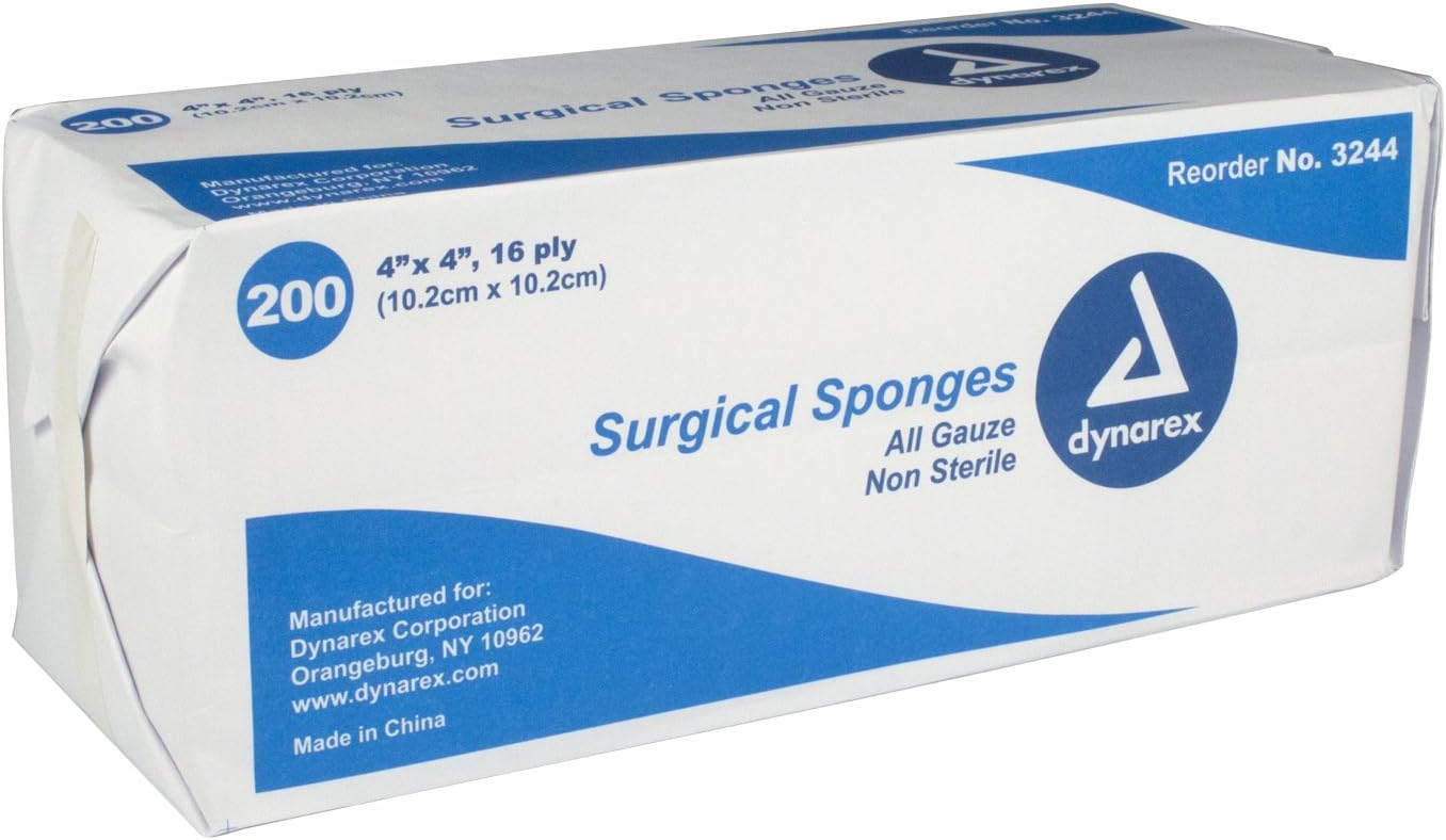 Amazon.com: Dynarex Surgical Gauze Sponge 4"x 4" 16 Ply 10/200/Cs (2M ...