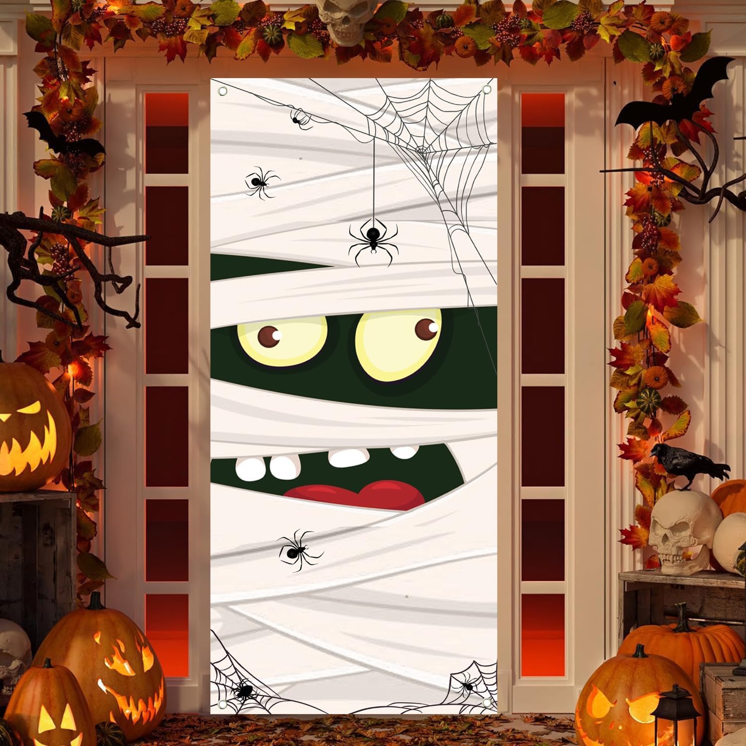 Amazon.com: Halloween door cover, mummy spider web decoration front ...