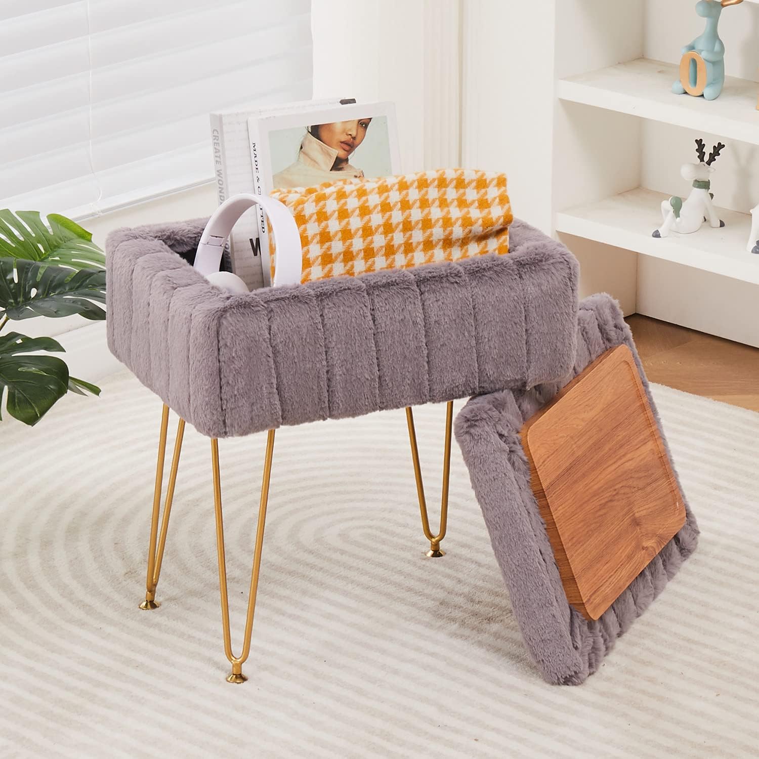 Amazon.com: Wimarsbon Faux Mink Fur Storage Ottoman, Modern Soft ...