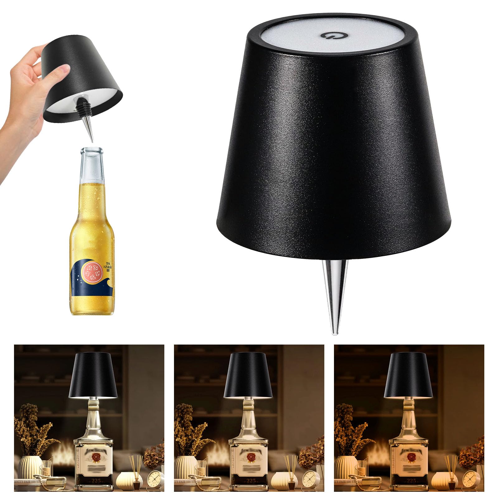 Wireless Bottle Lamp, 3 Color Stepless Dimming Bottle Table Lamp ...