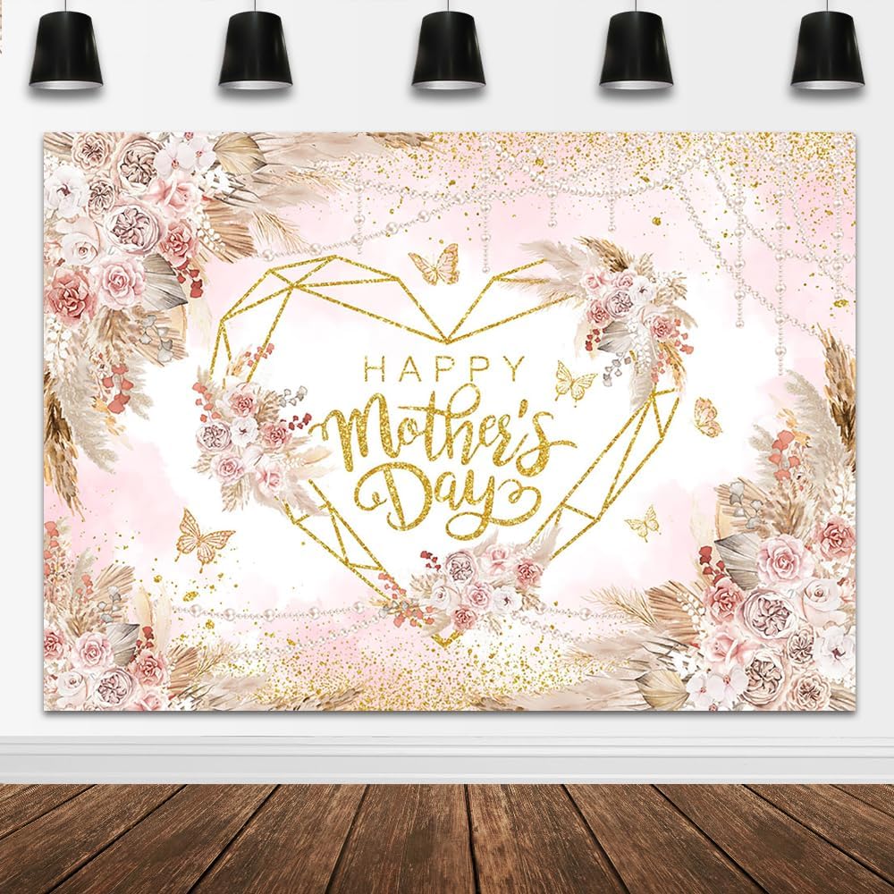 Amazon.com : Mocsicka Happy Mother's Day Backdrop Pink Boho Floral ...