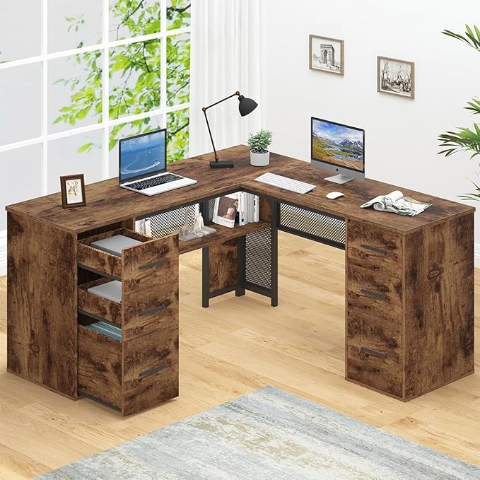 Amazon.com: HSH L Shaped Computer Desk with File Drawers, Large Metal ...