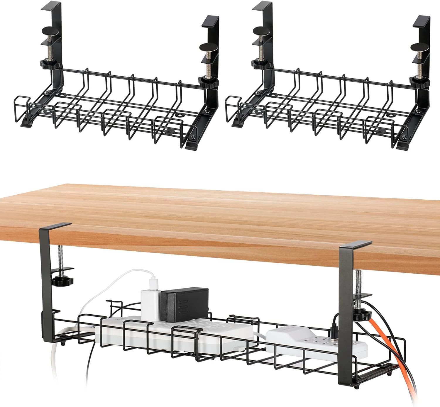 Voency No Drill to Desk Cable Management Tray, 2 Pack Under Desk Cord ...