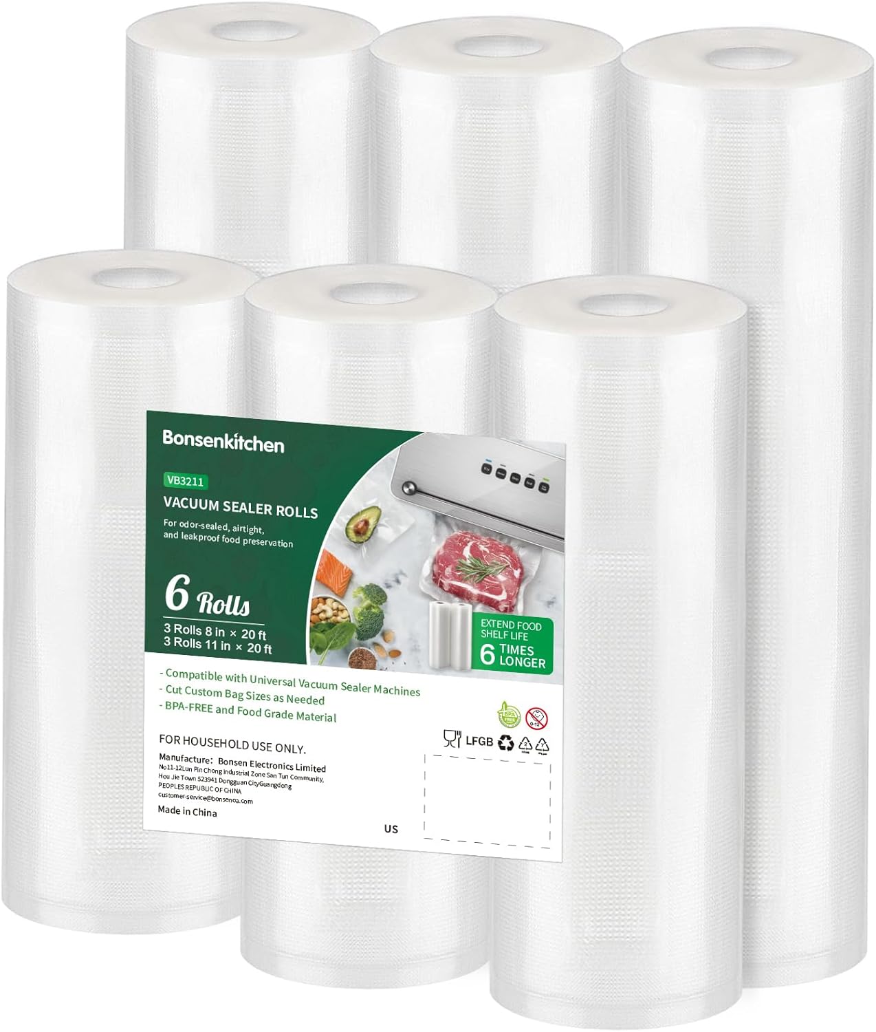 Amazon.com: Bonsenkitchen Vacuum Sealer Rolls Bags, 6 Pack 11" x 20' 3 ...