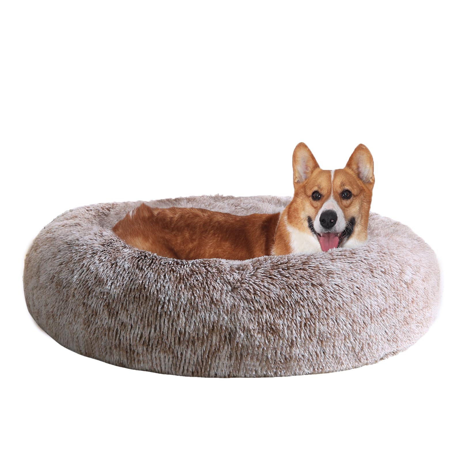 JOLLYVOGUE Calming Donut Dog Bed & Cat Bed, Anti-Anxiety Washable Dog Round Bed, Fluffy Faux Fur ...
