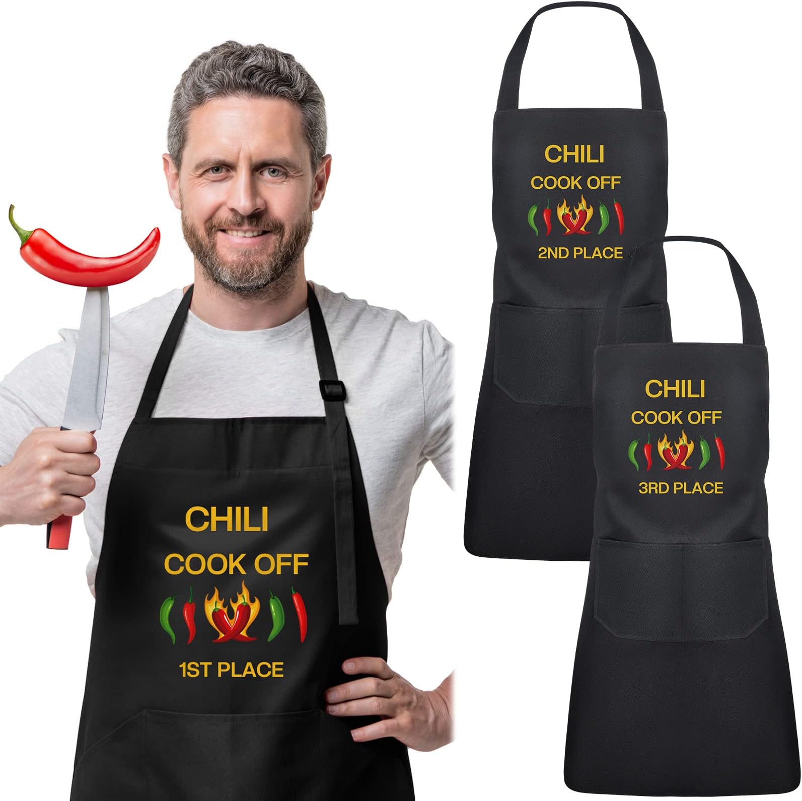 Amazon.com: Lasnten 3-Piece Black Chili Cook Off Aprons for Men and ...
