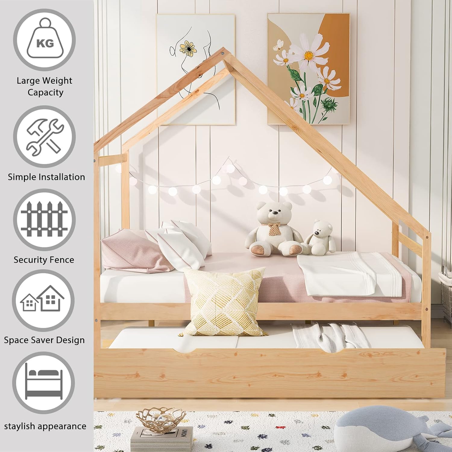 Bellemave Cama de casa con cama nido Montessori individual para niños ...