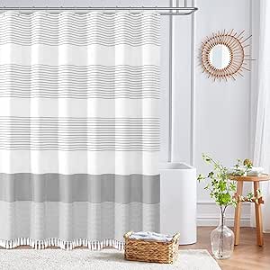 Amazon.com: Dynamene Grey Fabric Shower Curtain, Farmhouse Boho Striped Tassel Shower Curtains ...