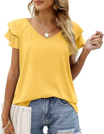 Yellow Women Tops Sshirts Casual Ruffle Sleeve Tops Loose Fit Womens ...