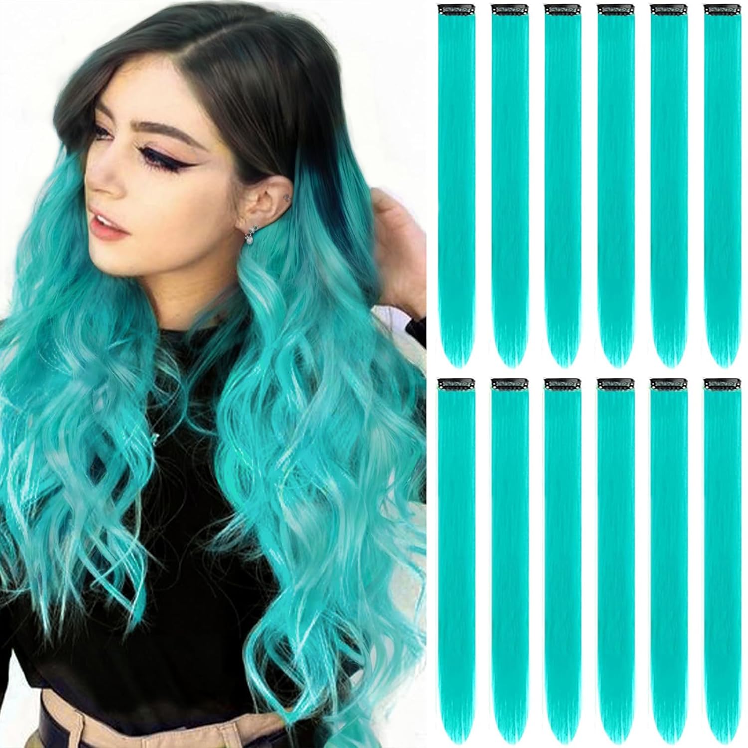 Amazon.com : 12 PCS Teal Blue Hair Extensions Clip in, Colored Party ...