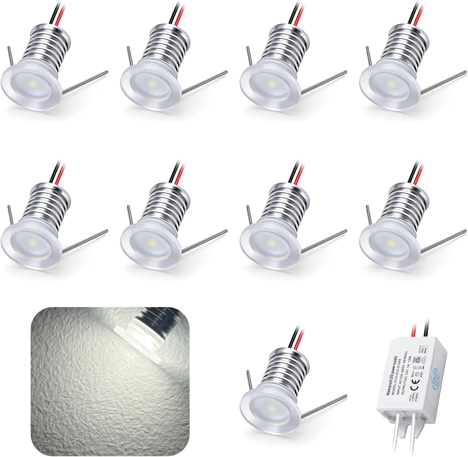 kpslucerna 9pcs 12V 1W Mini LED Downlight, IP65 Water Resistant Small ...