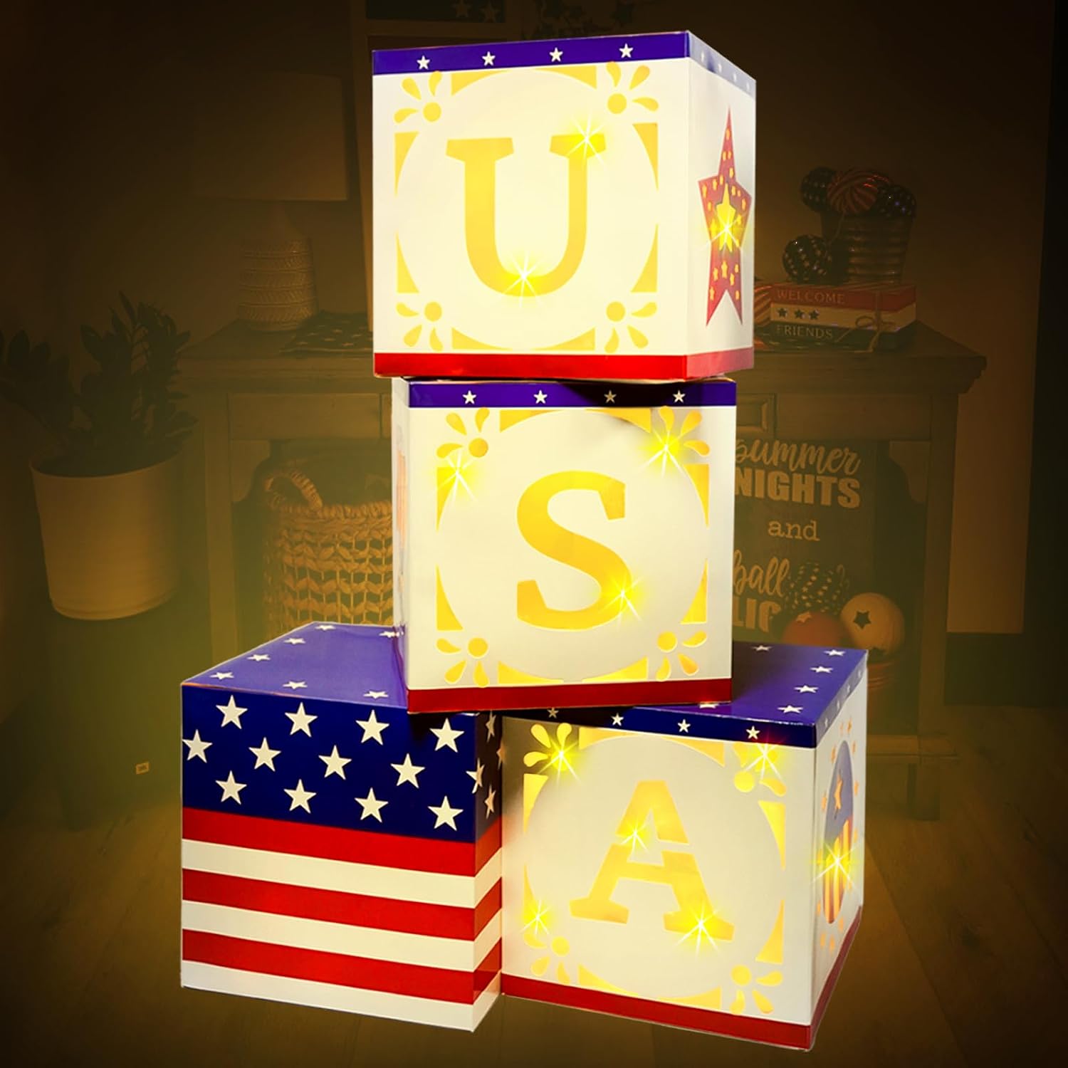 Amazon.com: Caplidou 4 Pcs Patriotic Decor, Decorative Box with Warm ...
