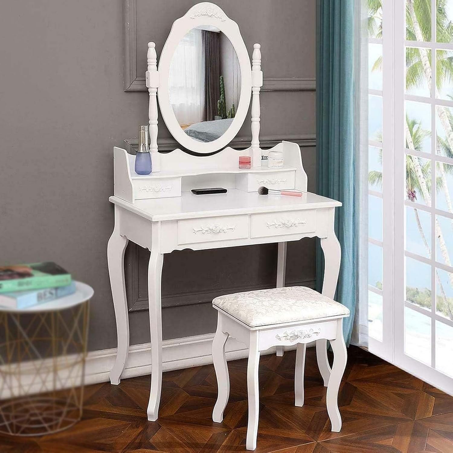 Amazon.com: Girls Vanity Desk with 4 Drawers, White Makeup Vanity Table ...