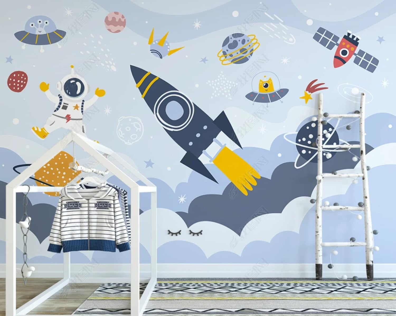 Fototapete 3D Effekt 3D Tapete Cartoon Astronaut Rocket Planet ...