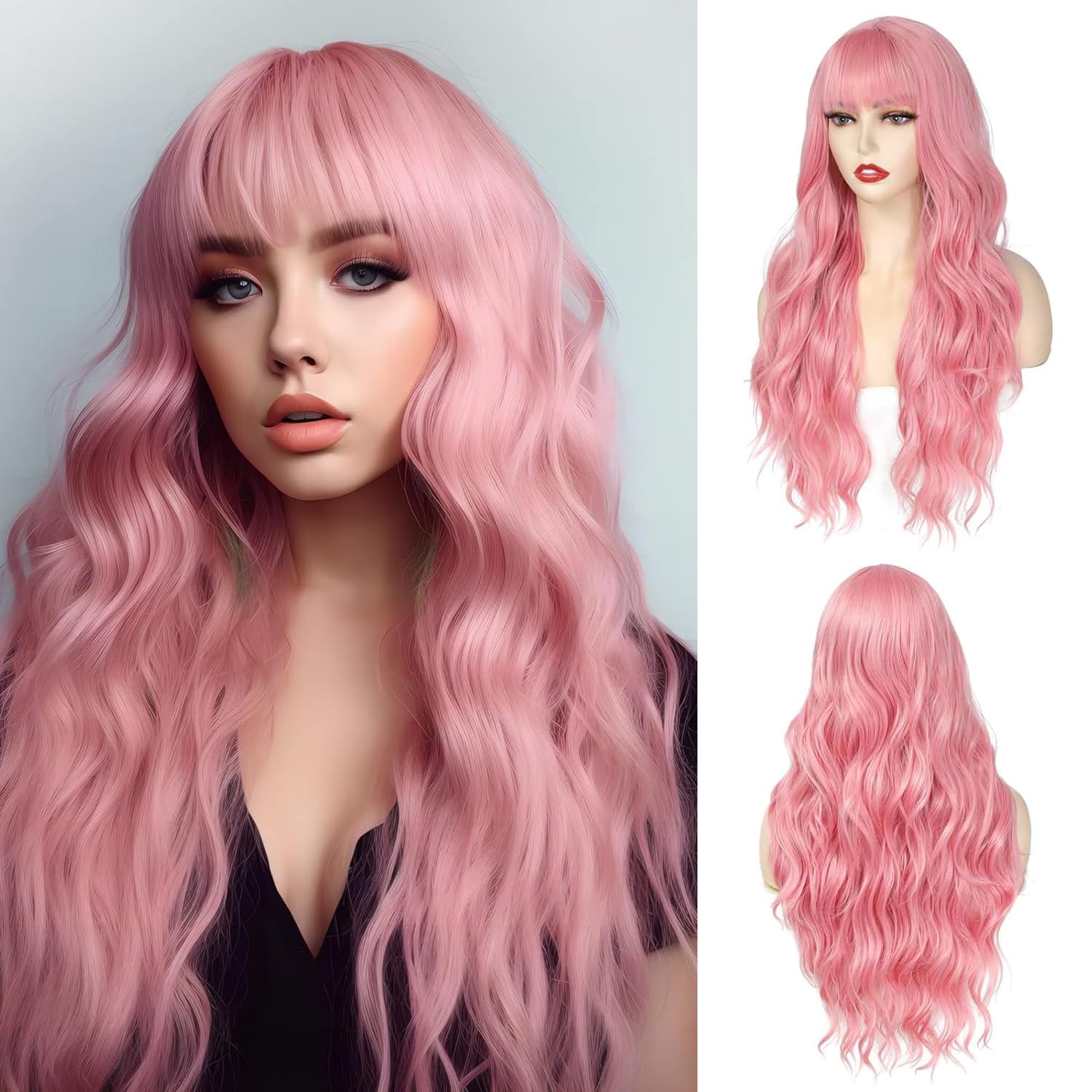 QAUARUMSUN 26 Inch Pink Wig With Bangs Long Wavy Wigs for Women Curly ...