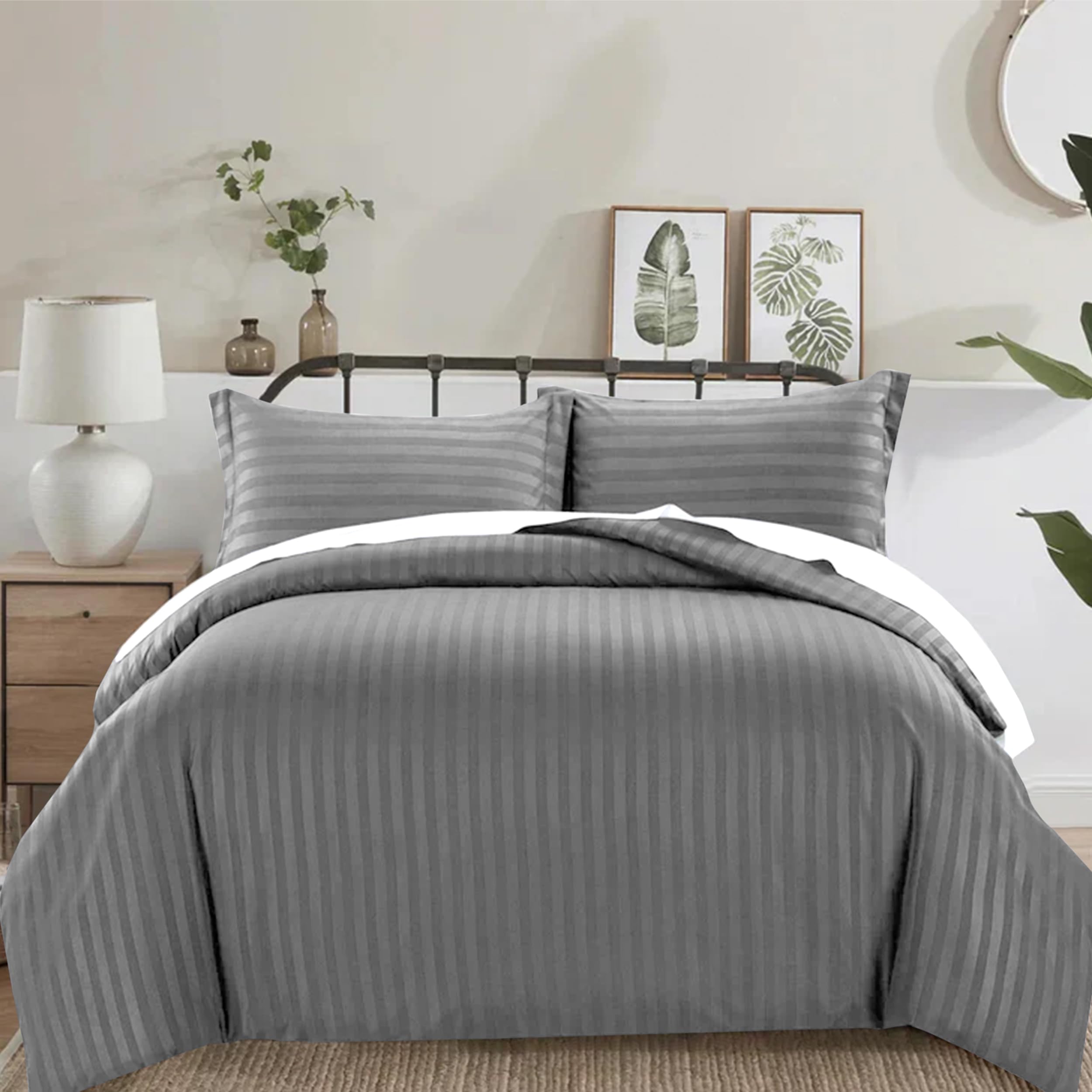 PRIME LINENS 3 Piece Duvet Cover Set Satin Stripes Quilt Cover Bedding Sets with Pillowcases ...