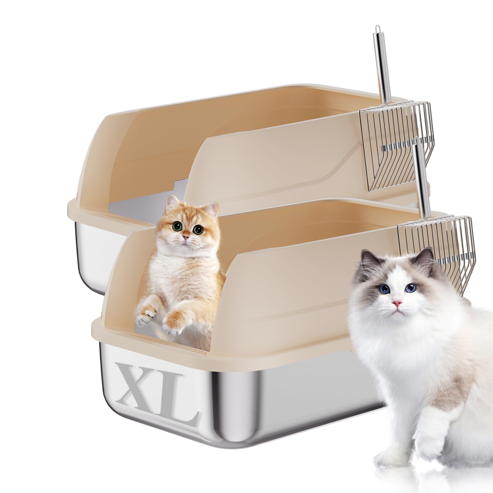 2 Pack Stainless Steel Cat Litter Box with Lid Enclosed Sides Extra ...