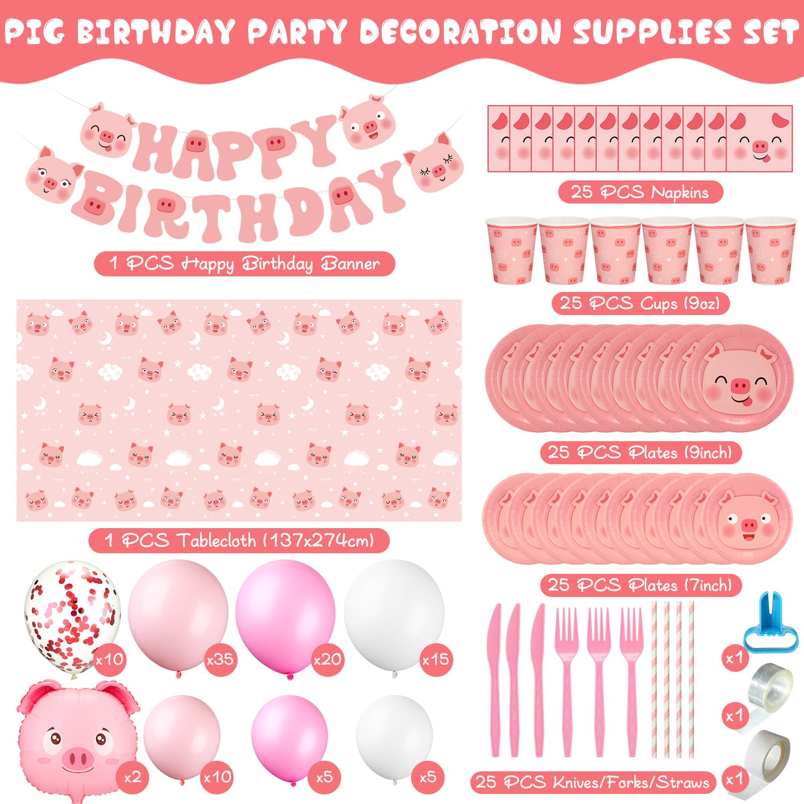 Lenwen Pig Birthday Decorations Pig Party Favors Include Pig Tableware ...