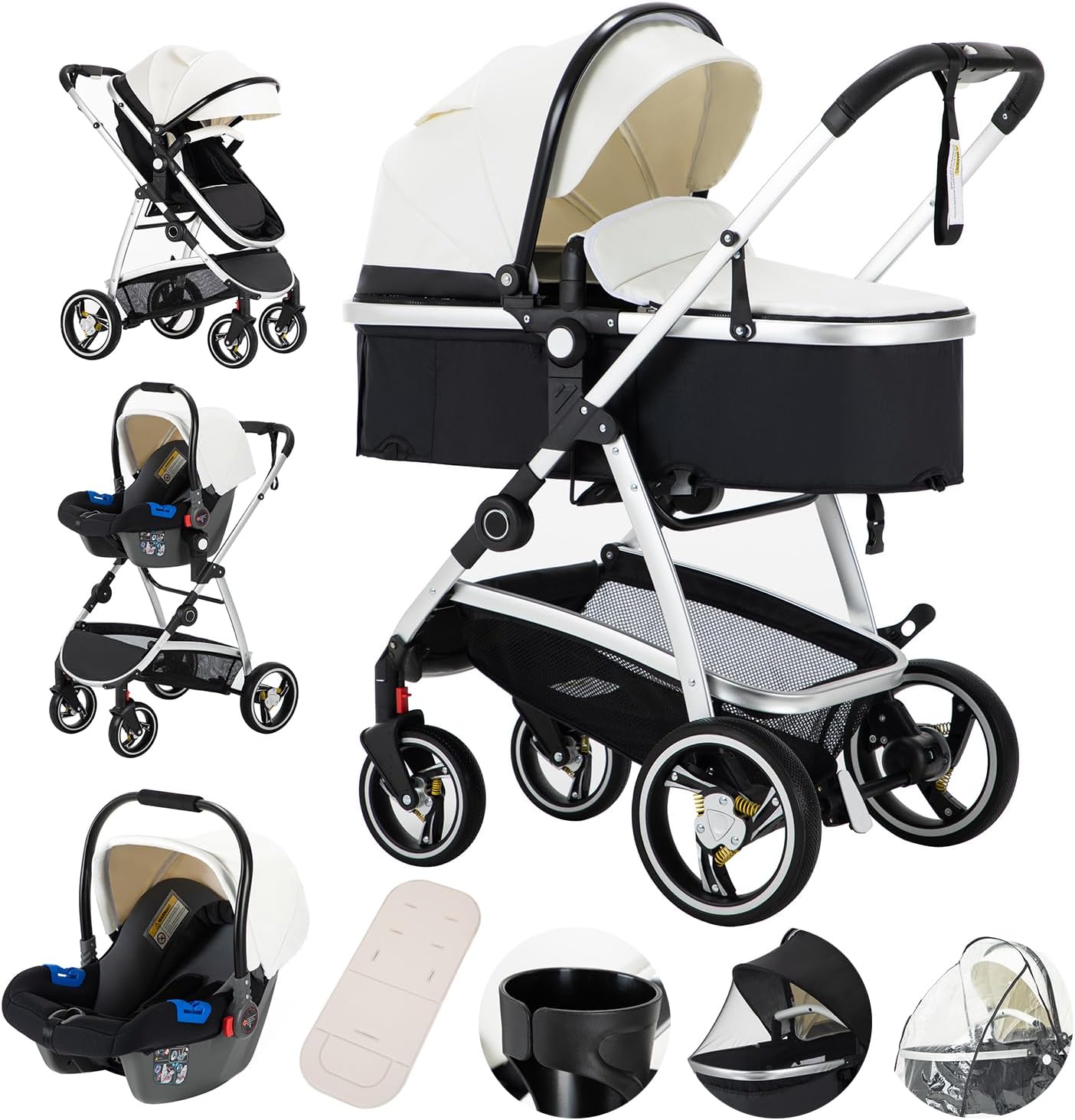 Gcarebb PU Leather 3 in 1 Pushchair, City Strollers with Car Seat ...