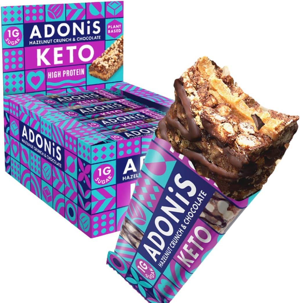 Adonis Hazelnut Crunch & Cocoa High Protein Keto Bars (16x45g) | Vegan ...