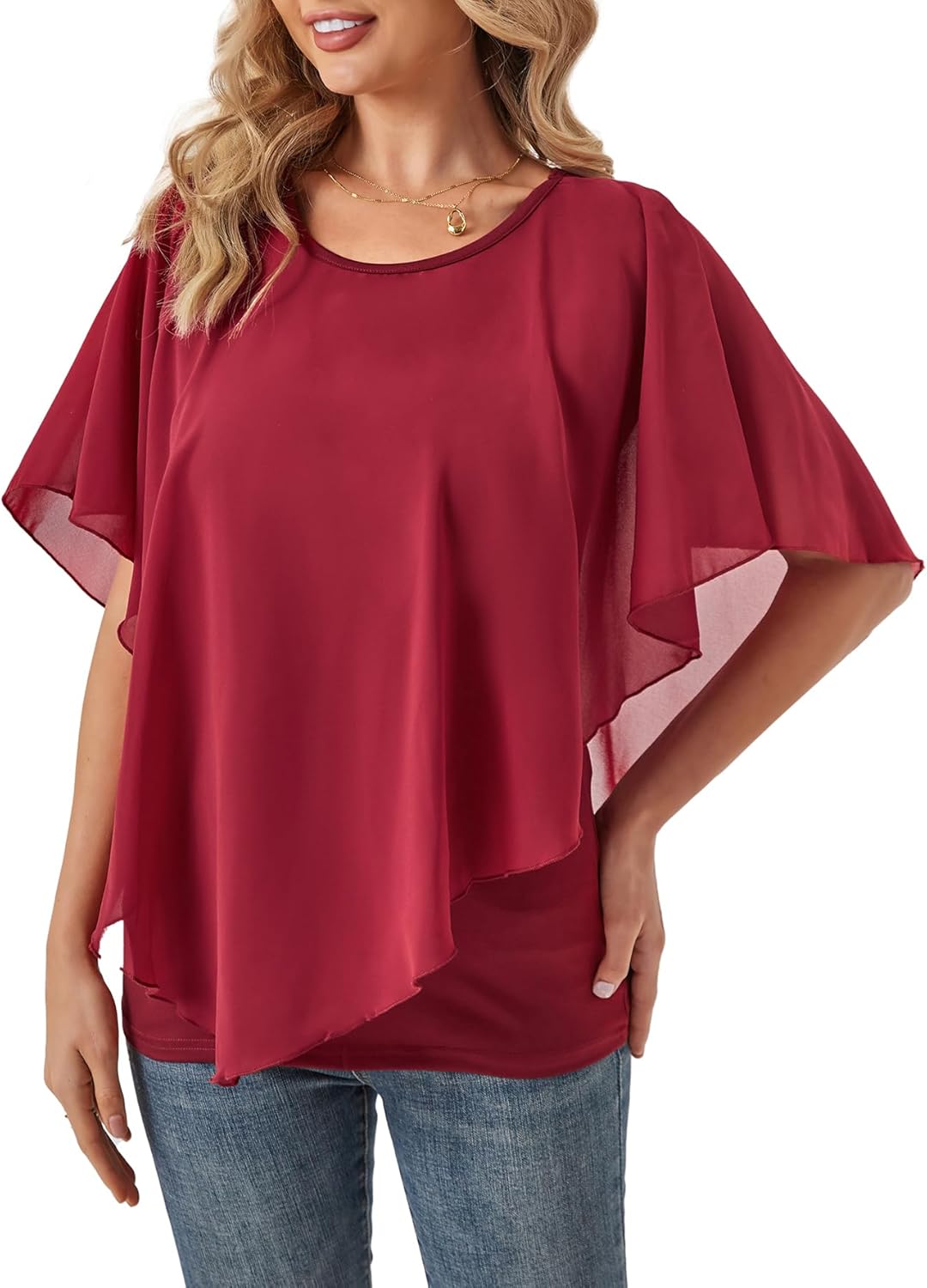 Rooscier Women's Double-Layered Cape Round Neck Half Sleeve Flowy ...