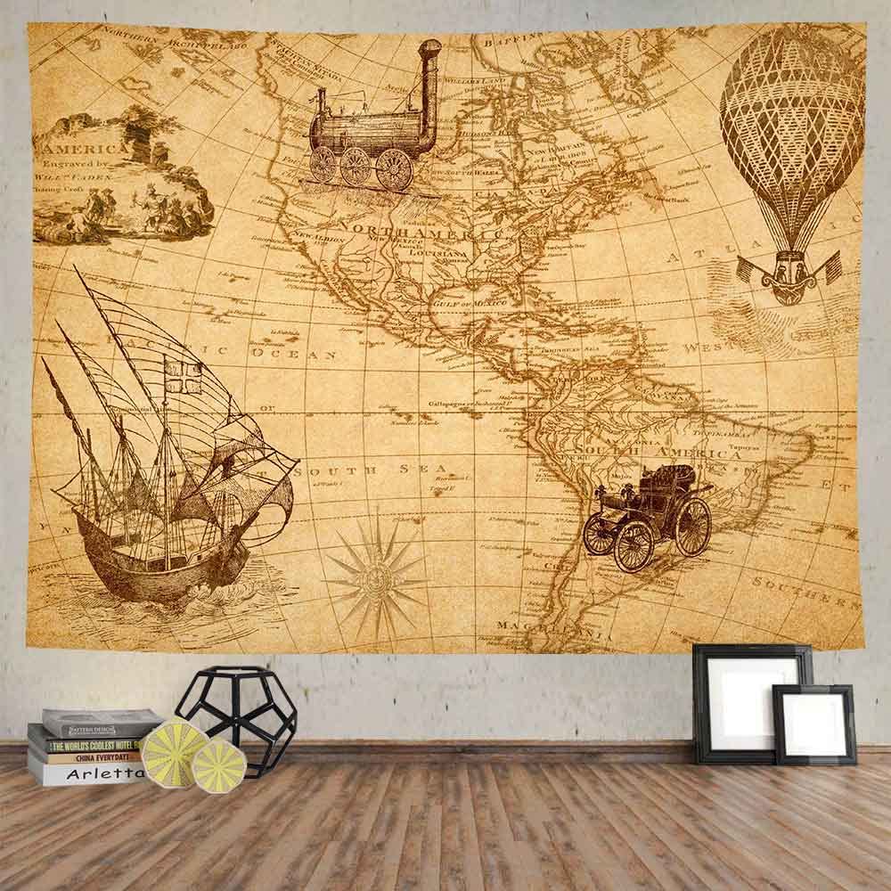 Amazon.com: Ine Ive Vintage World Map Tapestry Steampunk Old Hot Air ...