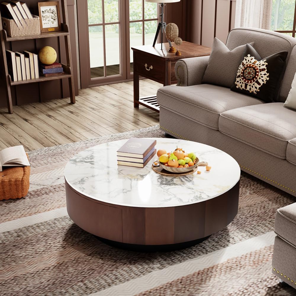 WOODEN SPACE Premium Luxury Marble-Top Coffee Table with Iron Legs ...