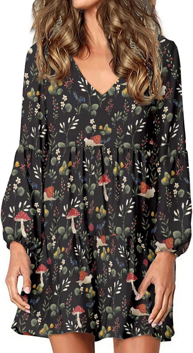 Mushroom Print Women's Ruffle Dress Tunic Short Dress V Neck Long Sleeve Loose Shift-Boho ...