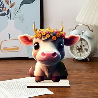 Amazon.com: Cute Cow Acrylic Table Decoration with Wooden Base Cartoon ...