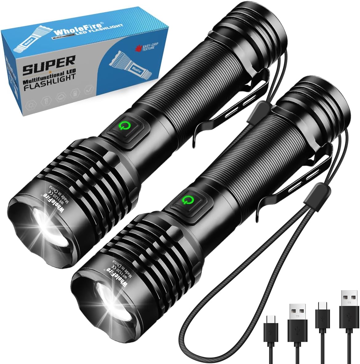 WholeFire 2 Piece Rechargeable LED Torch, Super Bright 20000 Lumen LED ...