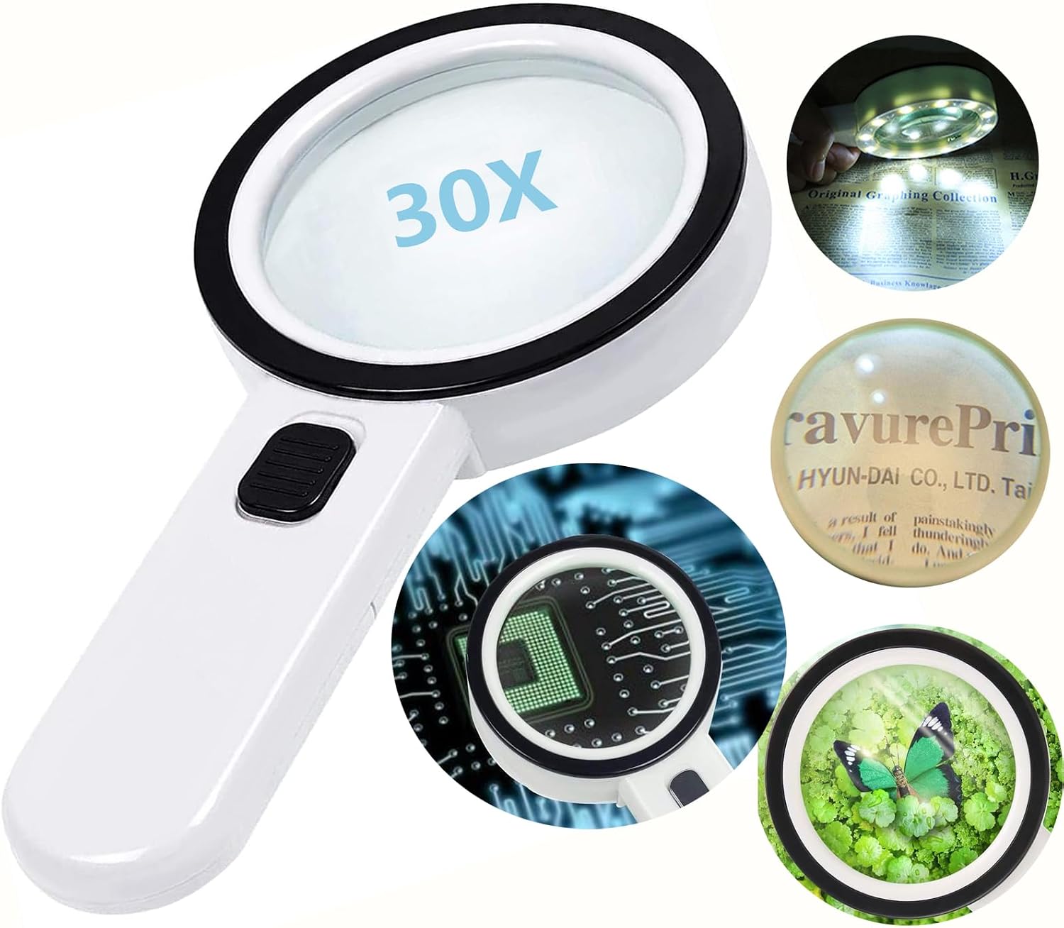 LED Magnifying Glass with 12 LED Lights,30X Double Glass Lens Handheld ...